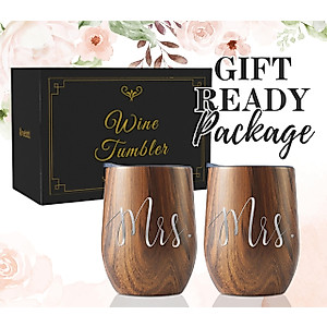 Onebttl Wedding Gifts for Lesbian Couples, Mrs and Mrs Gifts Tumbler Set, Gifts for Engagement, Valentine's Day, Newlywed, Anniversary, Bridal Shower, Stainless Steel Tumbler with Lid 12oz/350ml-Wood