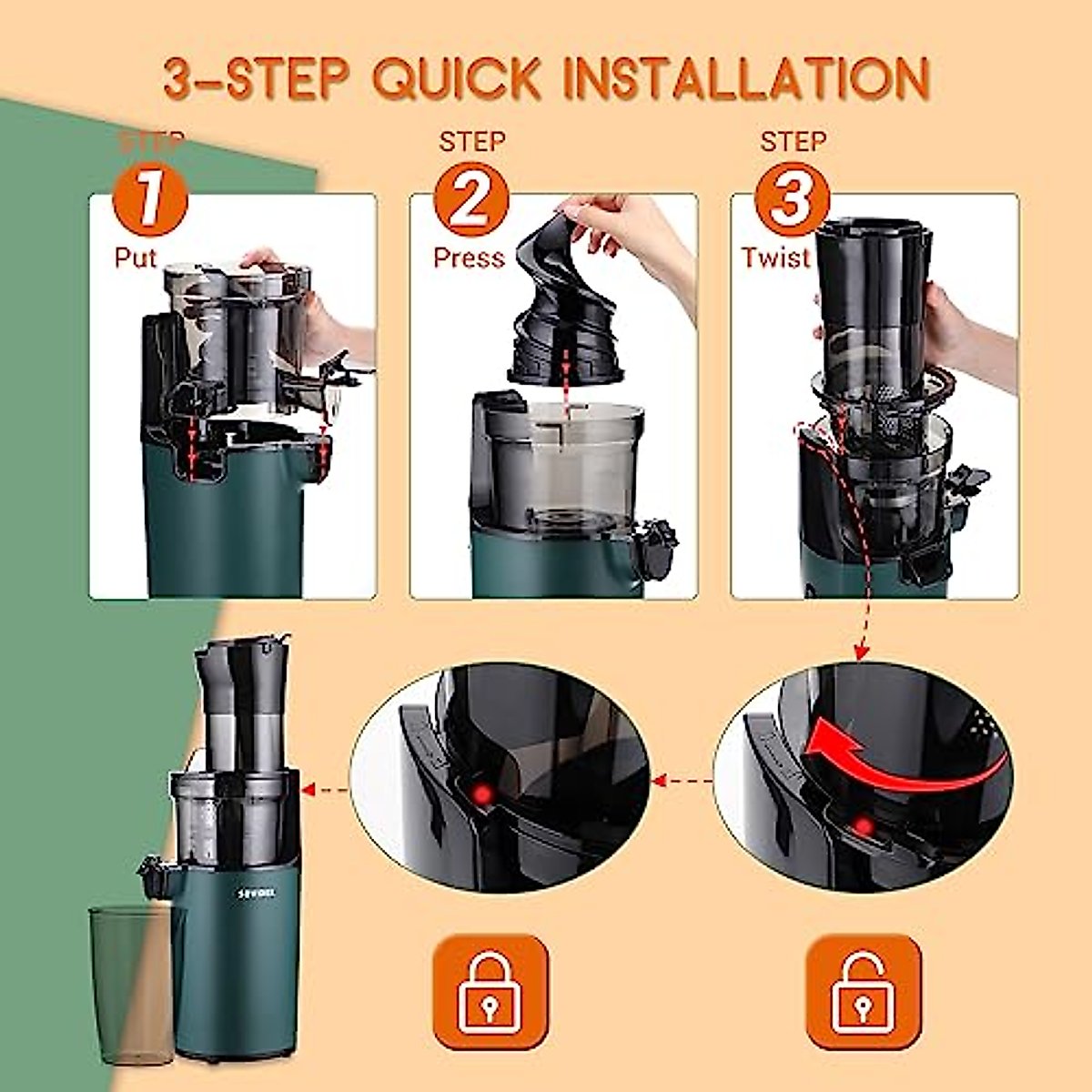 SOVIDER Compact Slow Masticating Juicer Machines- Up to 92% Juice Yield and 3.1" Wide Chute Cold Press Juicer for High Nutrient Fruits Vegetables Easy Clean with Brush Pulp Measuring Cup Reverse
