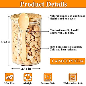 Glass Jars with Bamboo Airtight Lids - 17oz Glass Food Storage Containers, 3Pack Borosilicate Glass Canisters Coffee Jar with Spoon for Tea, Sugar, Spice, Bath Salts, Overnight Oats