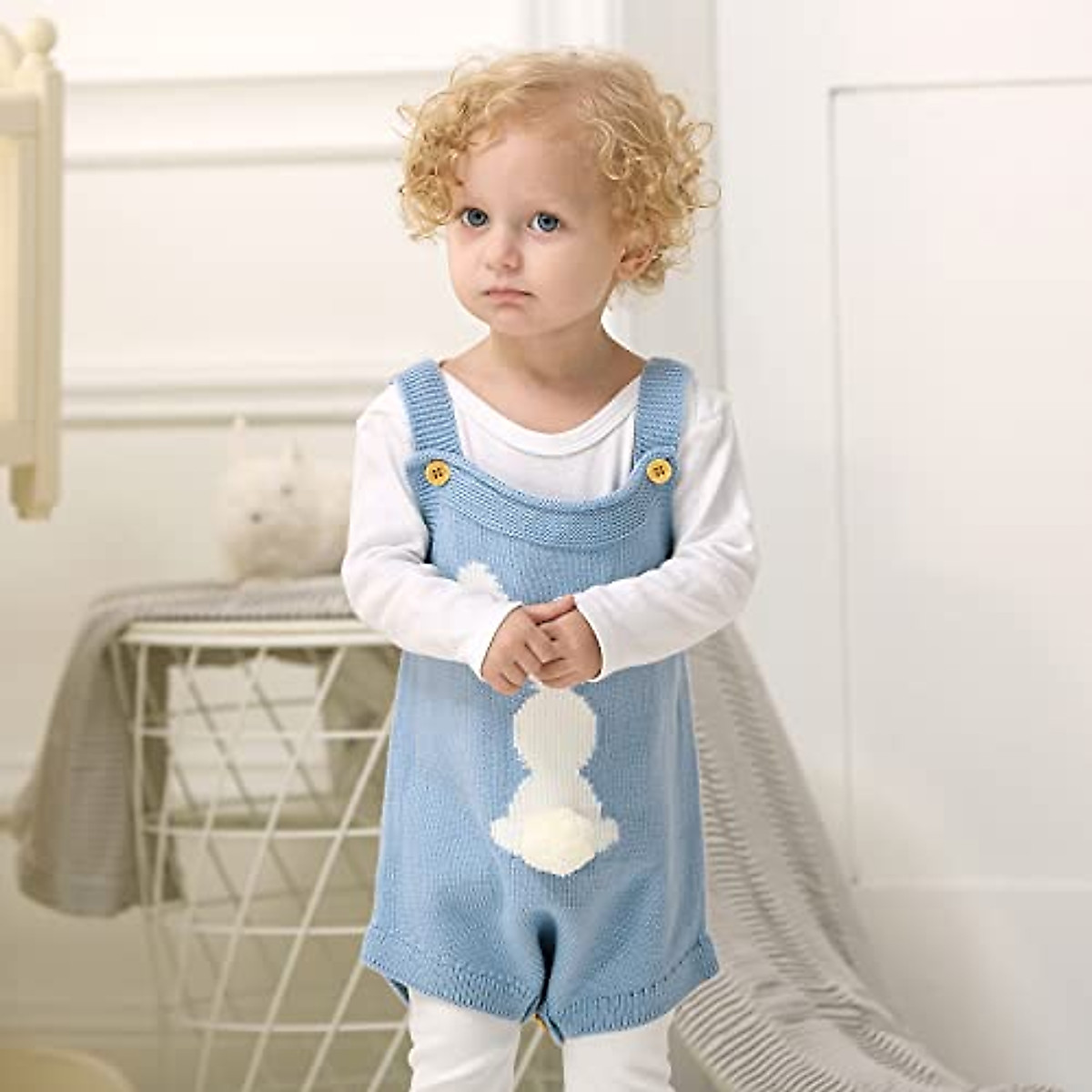 mimixiong Baby Bunny Easter Knit Rompers Clothes Sleeveless Toddler Jumpsuit Cute Outfit Blue 3-6 Months