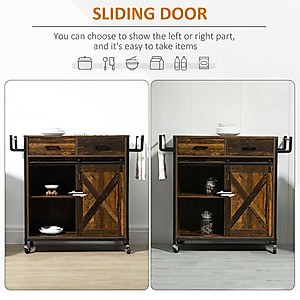 HOMCOM Industrial Kitchen Cart, Rolling Kitchen Island with Adjustable Shelf, Two Drawers, Sliding Barn Door Cabinet and Towel Rack, Rustic Brown