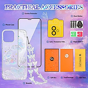 Goocrux (4in1 Case for Apple iPhone 11 Butterfly Glitter Handmade Sequin Sparkle Pretty for Women Girls Clear Design Crystal Pearl Sparkly Cute Girly Phone Cases+Chain+Camera Cover+Screen Protector