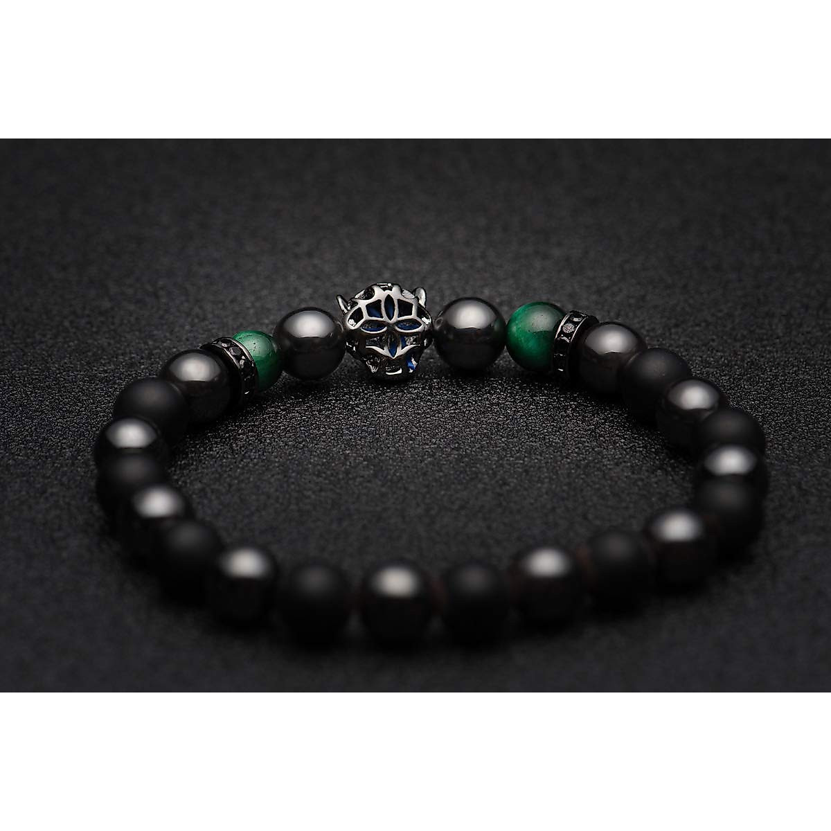 Karseer Black Panther Bracelet, Matte Onyx Natural Crystal and Magnetic Hematite Stone Beaded Elastic Bracelet, Handmade Semi-Precious Stone Jewelry Gift for Men and Women