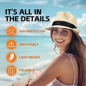 Straw Fedora Hat Short Brim Packable Roll Up Trilby Hat Classic Adjustable Panama Summer Beach Sun Hat UPF 50+ (One Size, Natural)
