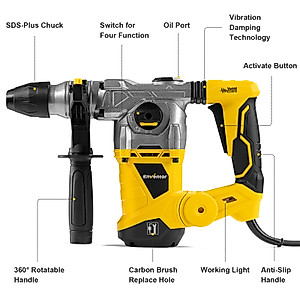Enventor 1-1/4 Inch SDS-Plus 12.5A Heavy Duty Rotary Hammer Drill for Concrete Stone, Safety Clutch Electric Demolition Hammer Drill with 4 Functions, Vibration Control, Chisels, Drill Bits, Case