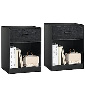 Iwell Nightstand Set of 2 with Drawer & Open Compartment, 23.6" H Bedside Table, End Table for Small Space, Bedroom, Black