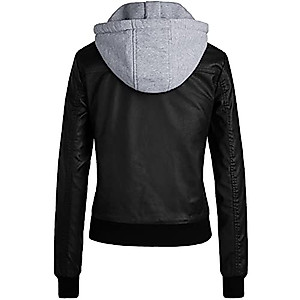 wantdo Women's Faux Leather Motorcycle Jacket with Hoodie Windbreaker Black XL