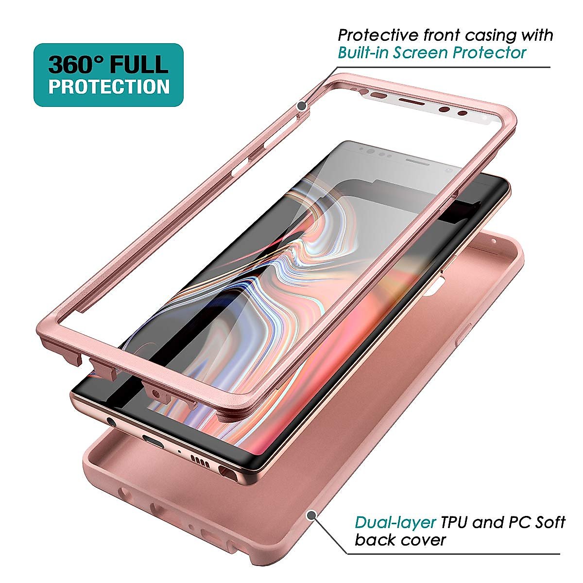 SURITCH Case for Samsung Galaxy Note 9,【Built in Screen Protector】【Support Wireless Charging】 Soft TPU Back Cover+PC Bumper Full Body Protective Case Shockproof for Note 9 Case 6.4"(Rose Gold)