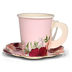 24 Disposable Tea Cups and Saucers Sets Floral Design 7" Flower Scallop Shaped Plates 24 5" Saucer Paper Plate 24 5 oz. Tea Cup with Handle 48 Lunch Napkins for Spring Wedding Birthday Party Supplies