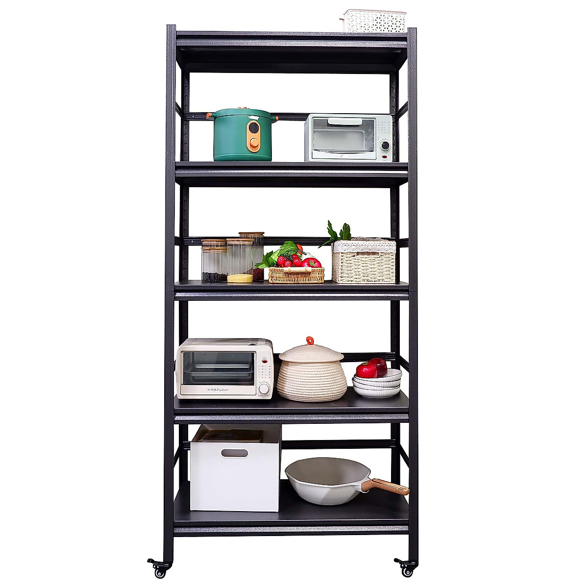 STELSIPLIY 5-Tier Metal Storage Shelves with Wheels, Heavy Duty Metal Shelving Unit, Rolling Kitchen Adjustable Shelves for Kitchen, Bathroom, Garage, Pantry, Easy Assembly, Black