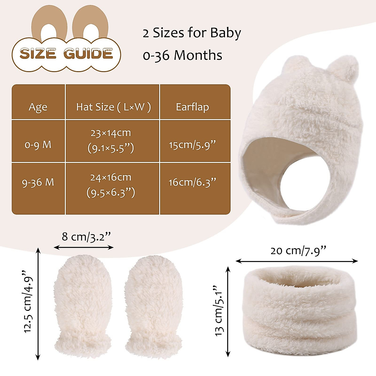 Fleece Baby Hat and Mitten Set Winter Toddler Beanie Warm Scarf Infant Ears Earflap Hood Scarves Caps for Baby Boys Girls (White, S)