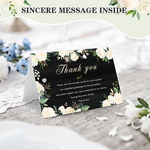BYBOUS 25 Pack Black Funeral Thank You Cards with Envelopes, 4×6In Watercolor Flowers Sympathy Bereavement Thank You Card on the Inside for Funeral Memorial Family Loved Ones Celebration of Life