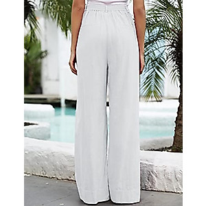 Kocowoo Linen Wide Leg Dress Pants for Women High Waisted Palazzo Pants Casual Lounge Beach Trousers with Pocket. White
