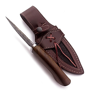 WolfKlinge 10" Handmade Damascus Steel Bowie Knife – Premium Drop Point Blade for Hunting, Survival, Camping, Skinning, and Bushcraft – Full Tang Walnut Wood Handle with Cowhide Leather Sheath (DCX 22-05)