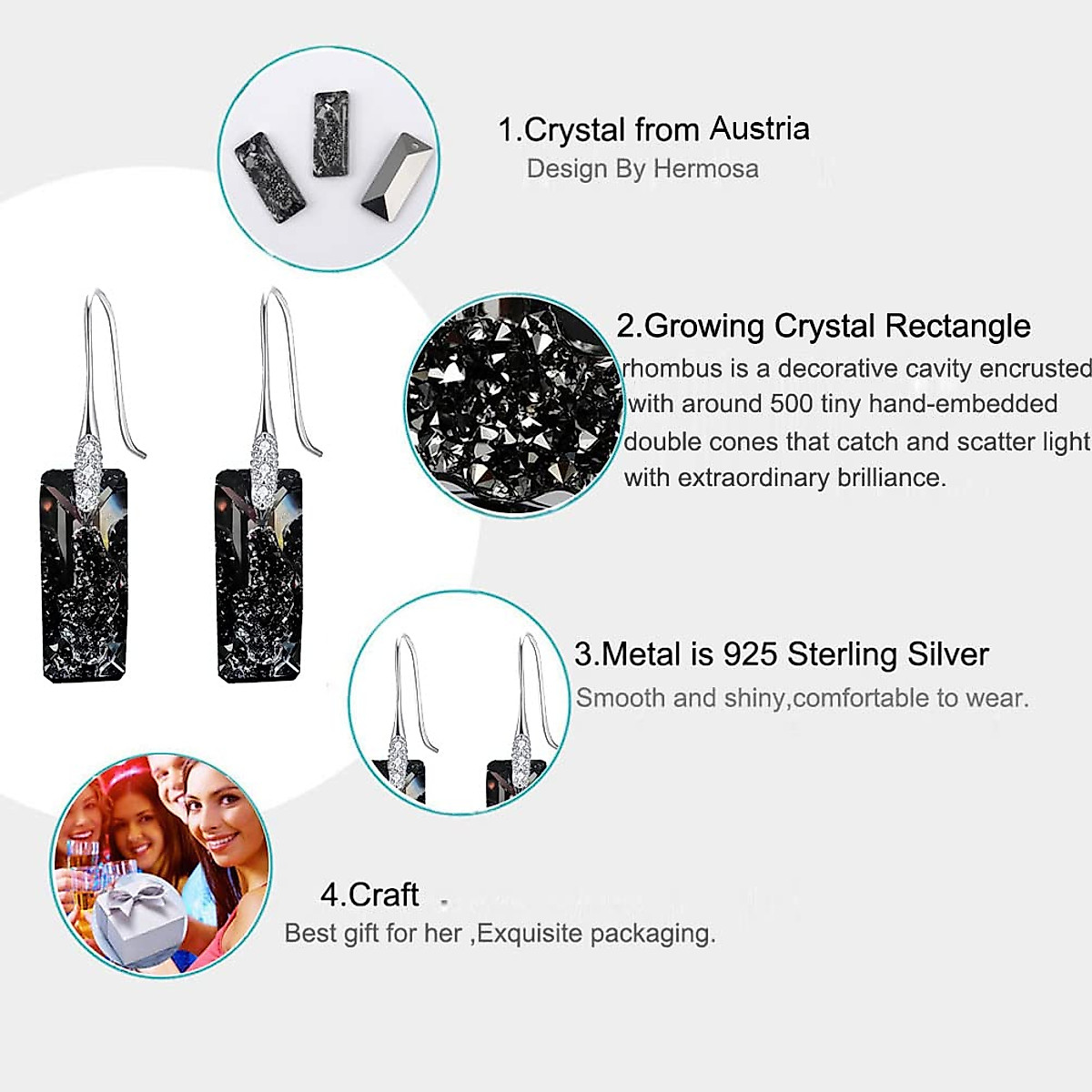 Hypoallergenic Earrings for Women 925 Sterling Silver Dangle Earrings Austria Crystals Hook Earrings Drop Earrings Jewelry for Mom (Black Crystal Earrings for Women)
