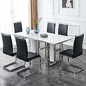 Dining Room Table Set for 6,Modern 71 Inch Rectangular Dining Table For 6-8 Persons,With 6 Black Faux Leather Upholstered High-Back Dining Chairs For Dining Room / Kitchen (Table + 6 Black Chair)