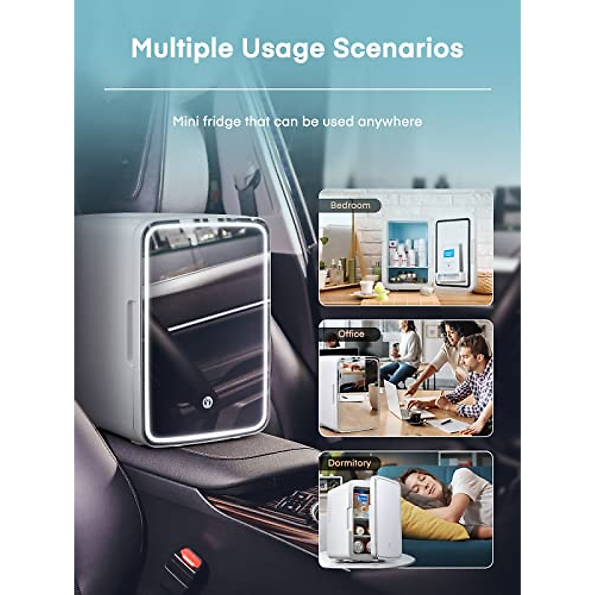 FOHERE Skincare Mini Fridge for Bedroom 10 Liter/11 Can, Portable Mini Fridge for Food, Beverage, Cosmetics, Snacks, Cooler and Warmer Function, AC/DC Small Refrigerator with Mirror, White