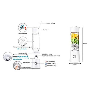 Portable Blender, Smoothie Blender with 16oz Travel Glass Cup and Lid 4000mAh Battery 7.4V Strong Power Personal Size Blender USB Rechargeable Mini Juicer Cup Travel Blender for Shakes and Smoothies with Stainless Steel 6 Blades BPA Free(White)