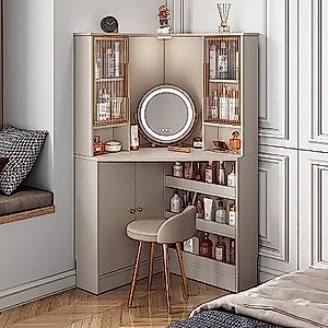 HSPLXYT Corner Dressing Table Storage Cabinet - Makeup Vanity Table Set - Vanity Mirror with Lights Desk - Vanity Desk with 3 Lighting Modes - 1060X670X1438mm (Color : Gray)