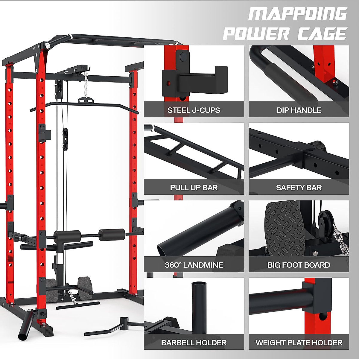 Mappding 1500 LBS Power Cage, Squat Rack for Home Gym with LAT Pullup System with 3 Grip Variations, Leg Hold-Down Attachment, Weight Cage with More Training Attachment for Garage Workout, Q2 Red
