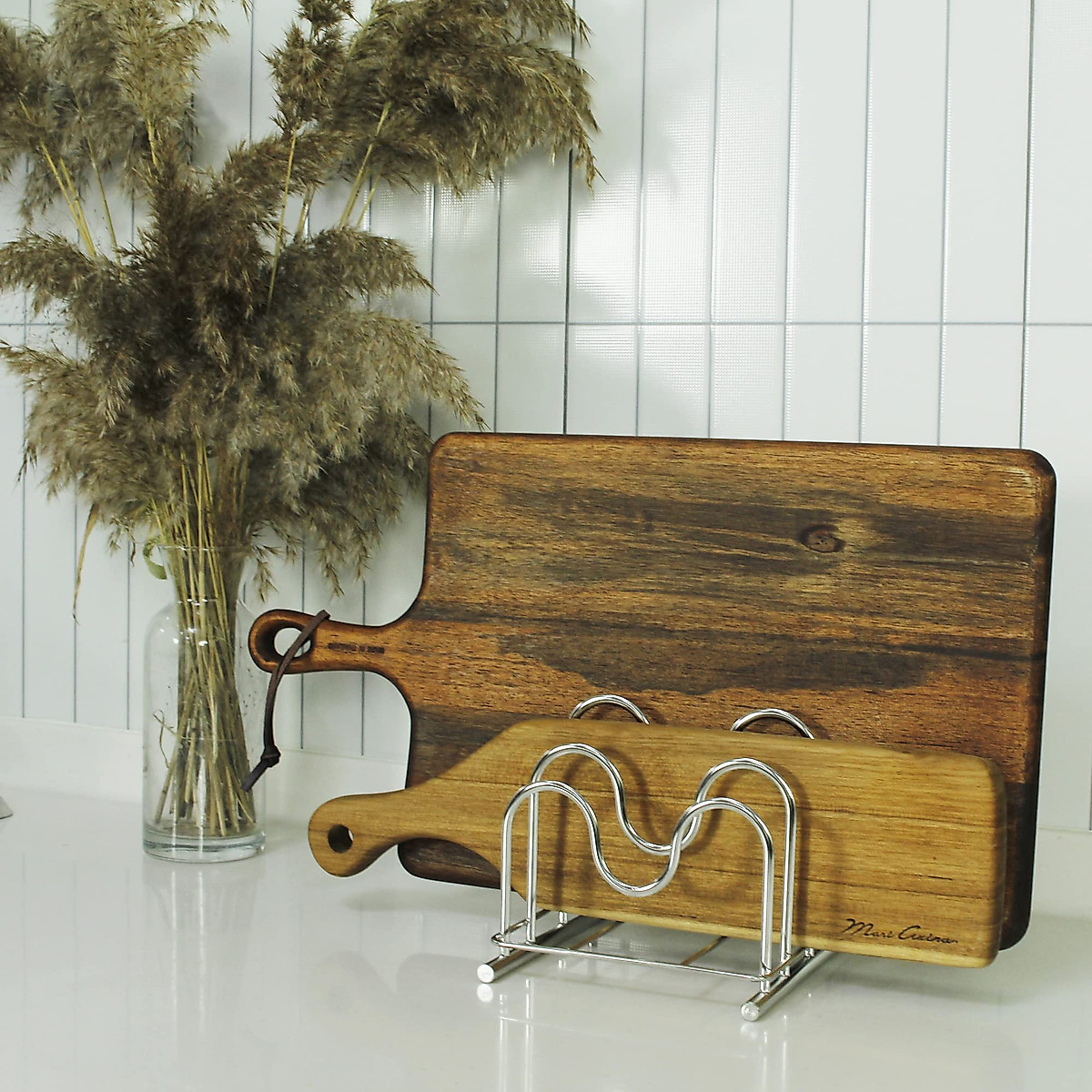 LENITH 304 Stainless Steel Wire Cutting Board Holder, Cutting Board Rack Organizer Kitchen with 3 Sectional