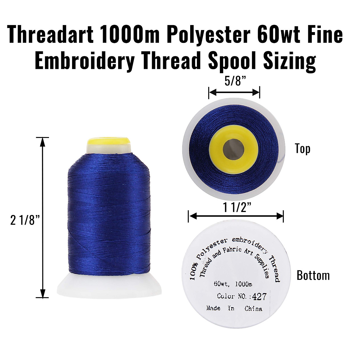 Threadart 60 Weight Micro Embroidery Thread | Fine Line Lettering & Bobbin Thread | 1000m Spools - 30 Colors Available - Black