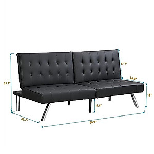 Penifun Convertible Folding Futon Sofa Bed Sleeper Couch for Living Room PU Leather Upholstered Loveseat, Solid Wood Frame/Stainless Leg, Black