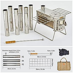 XCMAN Camping Tent Wood Stove with 6 Section Chimney Pipes,Three-View Windows Portable Wood Stove, Ice Fishing Shelters, Hunting, Outdoor Cooking Heavy Gauge 304 Stainless Steel