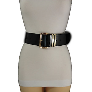 TFJ Women Fashion Wide Belt Faux Leather Metal Buckle Plus Size L XL (Black - patent faux leather)