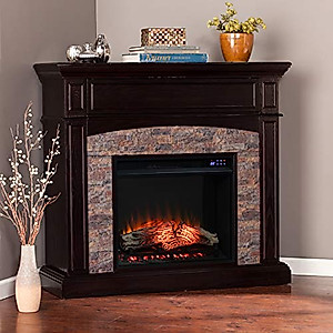 SEI Furniture Grantham Faux Stone Corner Electric Fireplace with Hidden Media Shelf, New Ebony
