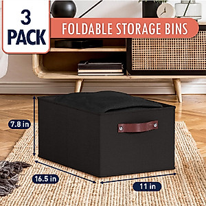 3 Pack Collapsible Shelf Basket Rectangle Storage Bins with Faux Leather Handles, X Large Foldable Fabric Shelf Storage Basket Closet Organizer and Storage Box for Clothes, Black
