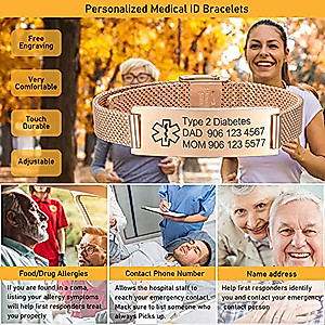 VNOX Medical Alert Bracelets for Men & Women with Free Engraving Adjustable Stainless Steel Mesh Emergency Medical ID Bracelets Wristband,Rose Gold