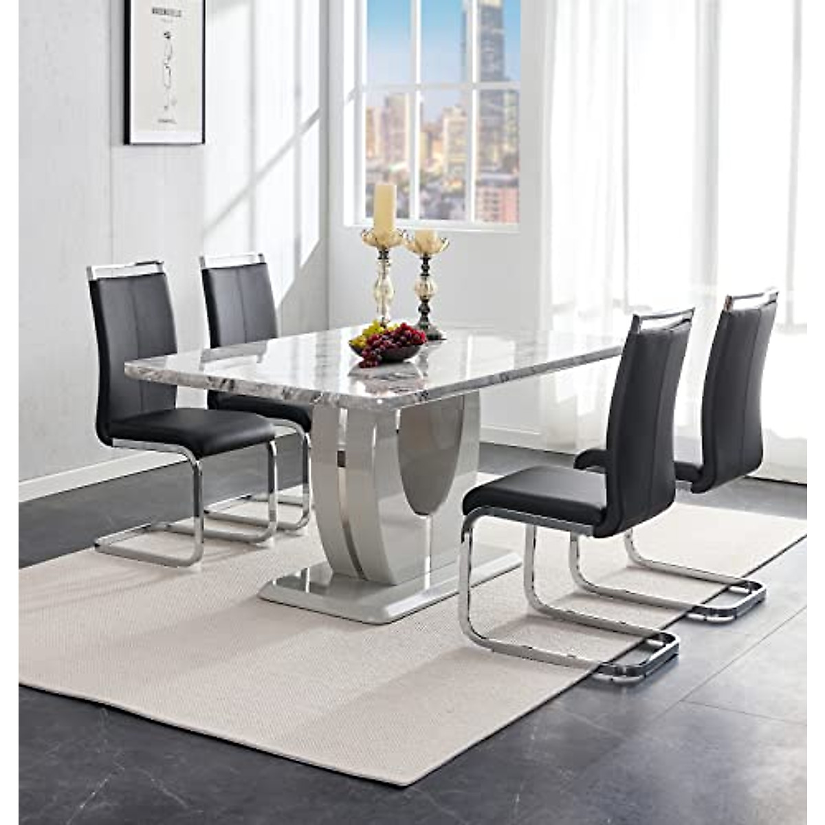 5 Piece Faux Marble Dining Table Set for 4, Modern Kitchen Table and Chairs Set with 1.4" Thick Faux Marble Table and 4 Faux Leather High Back Upholstered Dining Chair for Dining Room