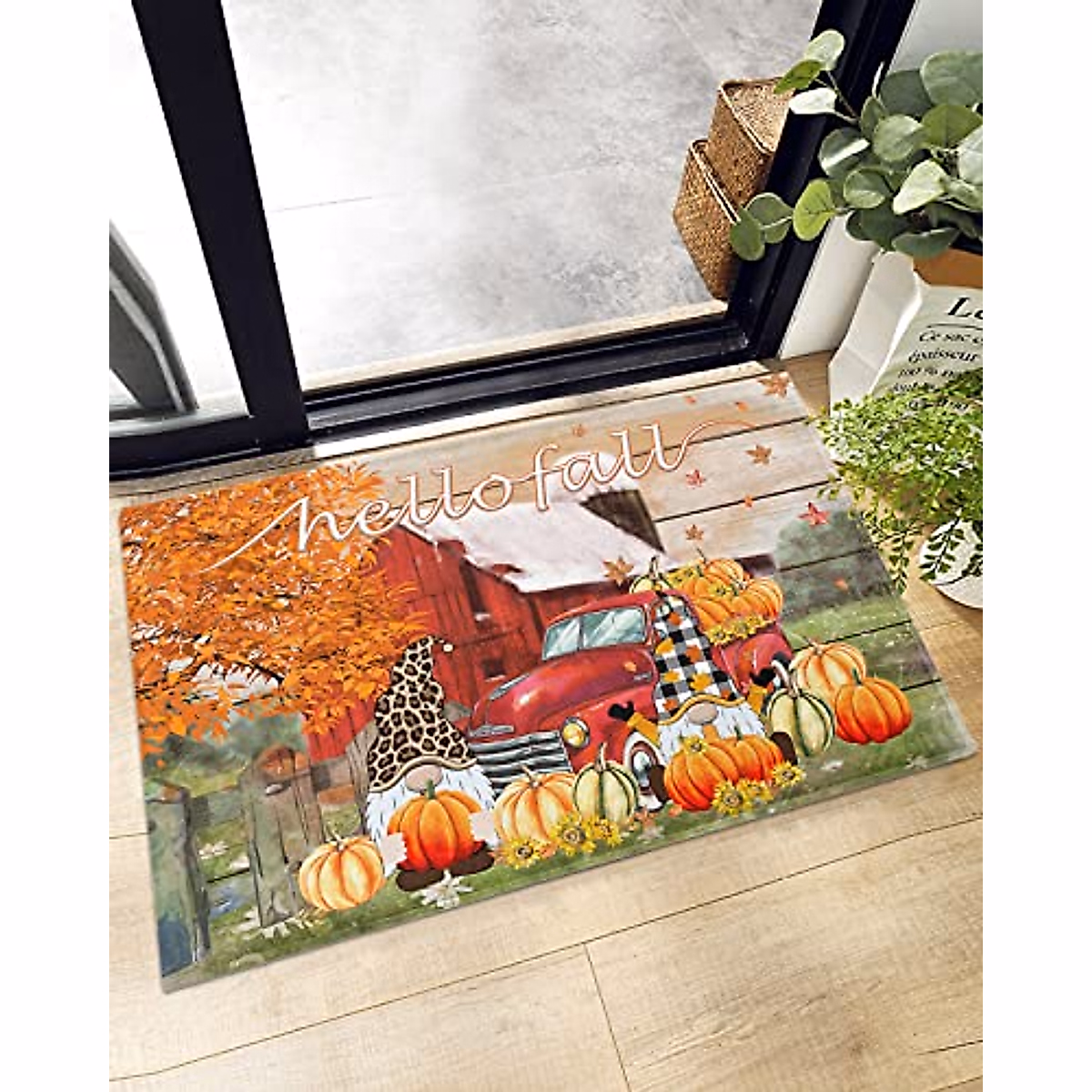 Indoor Doormat Fall Maple Leaf Thanksgiving Farm Red Truck,Shaggy Floor Mat with Non-Skid Backing Barn Pumpkin Leopard Gnome,Machine Washable Plush Area Rug Carpets for Kitchen Nursery16 x24