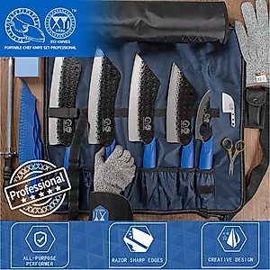 Authentic XYJ Since 1986,5pcs Slicing Knives Set,Vegetable Kitchen Knife With Roll Bag,Whetstone,Honing Steel,Cake Cutter,Camping Chef Butcher Knife,Full Tang (XYJ Blue)