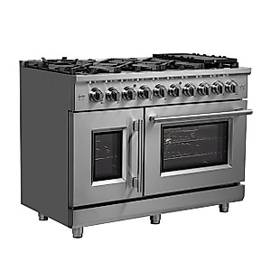 Forno 48-inch French Door Gas Range with 1 Sealed Dual-Ring Brass Burner 20K BTU - 4.32 Cu.Ft Convection Fan Oven 30,000 BTU - Modern Design Kitchen Range with Air Fryer Basket, Rack & Drip Pan