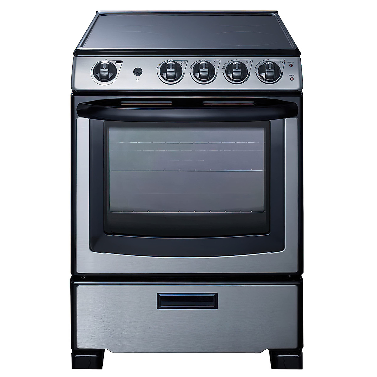 Summit Appliance REXH24RSS 24" Wide Electric Range and Convertible Hood Set, Push-to-turn Knobs, 4 Cooking Zones, Stainless Steel Hood, Adjustable Racks, Smooth Ceramic Glass Top, Boiler Tray