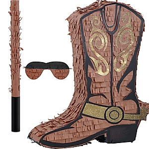 Deekin 3 Pcs Cowboy Boot Piñata Set Cute Western Piñata with Stick Eye Mask Large Piñata for Kids School Sports Bridal Shower Birthday Party Decorations Supplies