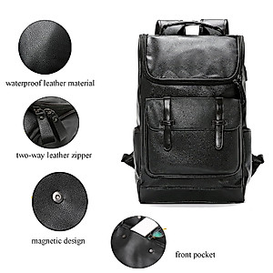 CHAO RAN Vintage Leather Backpack For Men Business Laptop Backpack With Charge Port Black Waterproof College School Bag
