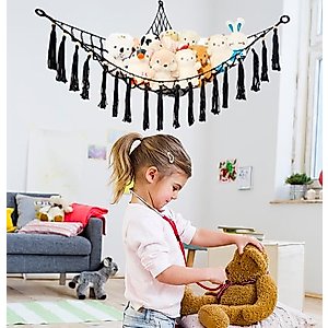 EOESFCB Stuffed Animals Net or Hammock Toy Hammock Boho Stuff Animal Storage Corner Hanging Net Holder Macrame Mesh Hammock Plush Toy Organizer with Tassel for Bedroom Nursery Decor - Black
