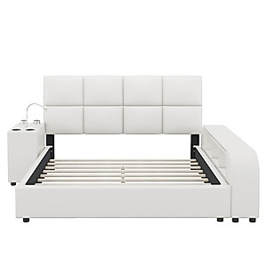 EOVTK Queen Size Upholstered Platform Bed with Built-in Multimedia Nightstand and Storage Shelves, Faux Leather Platform Bed Frame with 2 Cup Holders, Light and Charging Station, White