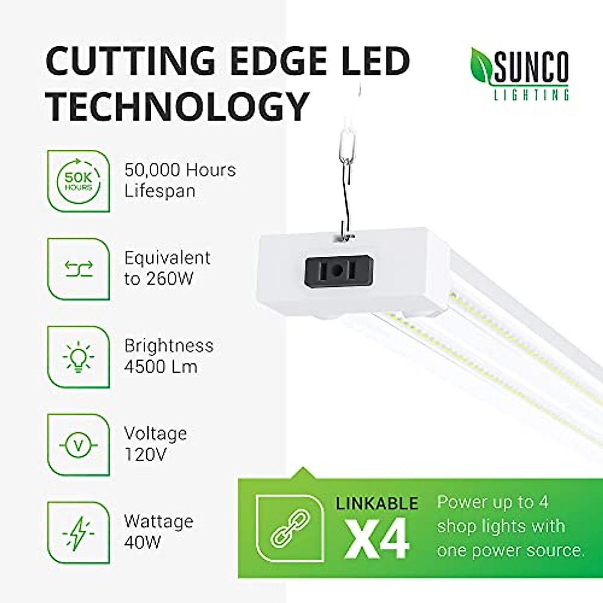 Sunco 10 Pack Linkable LED Utility Shop Light, 4500 LM, Single CCT (2700K), 4 FT, 48 Inch Integrated Fixture for Garage, 40W Equivalent 150W, Surface + Suspension Mount, White