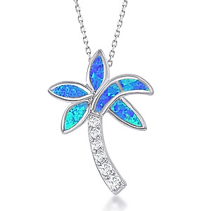 Beaux Bijoux Sterling Silver Simulated Opal Palm Tree Necklace for Women | CZ Diamond and Created Blue Opal Pendant Necklace with 18 inch Silver Chain