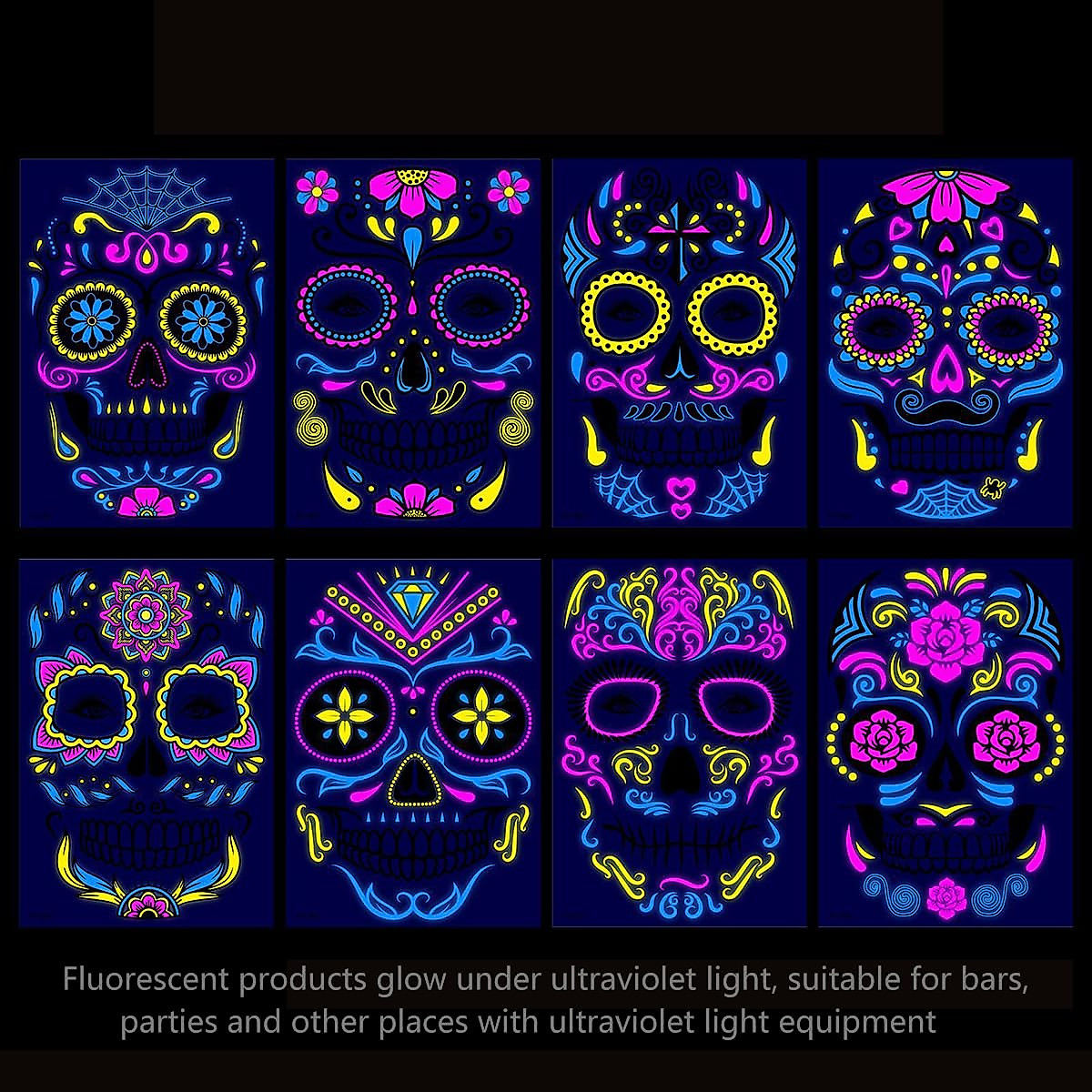 8 sheets Luminous Halloween Face Tattoos Glow in The Dark Day of the Dead Full Face Tattoos Waterproof Decorations Sugar Skull Stickers UV Glow Neon Mask Tattoo for Masquerade and Parties