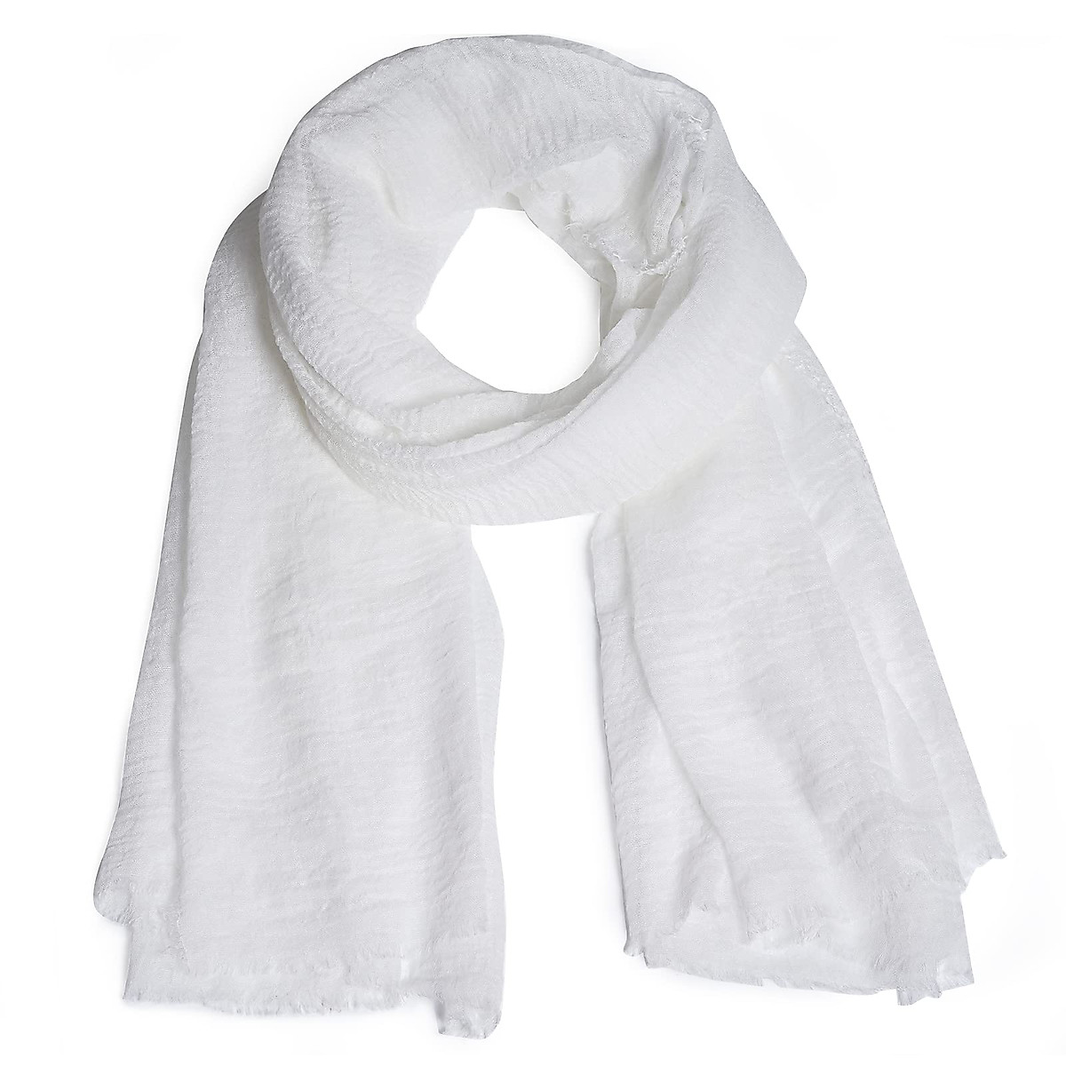 Women Summer Cotton Blend Crinkle Vintage Soft Long Scarf Linen Beach Shawl Wrap (White)