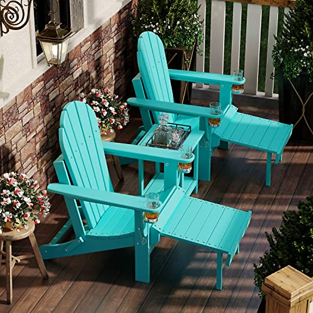 Sundale Outdoor Folding Heavy Duty Adirondack Chair with Footrest 2 Cup Holder on Armrest, Perfect for Outside Porch Patio Garden Pool Yard Turquoise