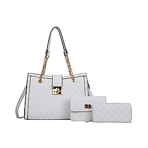 Fashion Handbags for Women Leather Satchel Purses Set Quilted Tote Shoulder Bag for work/gift (8691-White)