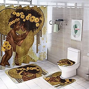 African Black Women Bathroom Shower Curtain Sets with Rugs, Black Girl Shower Accessories and Bathroom Decor,70.9" Length 4-Piece Set - 1 Shower Curtain & 3 Toilet Mat and Lid Cover