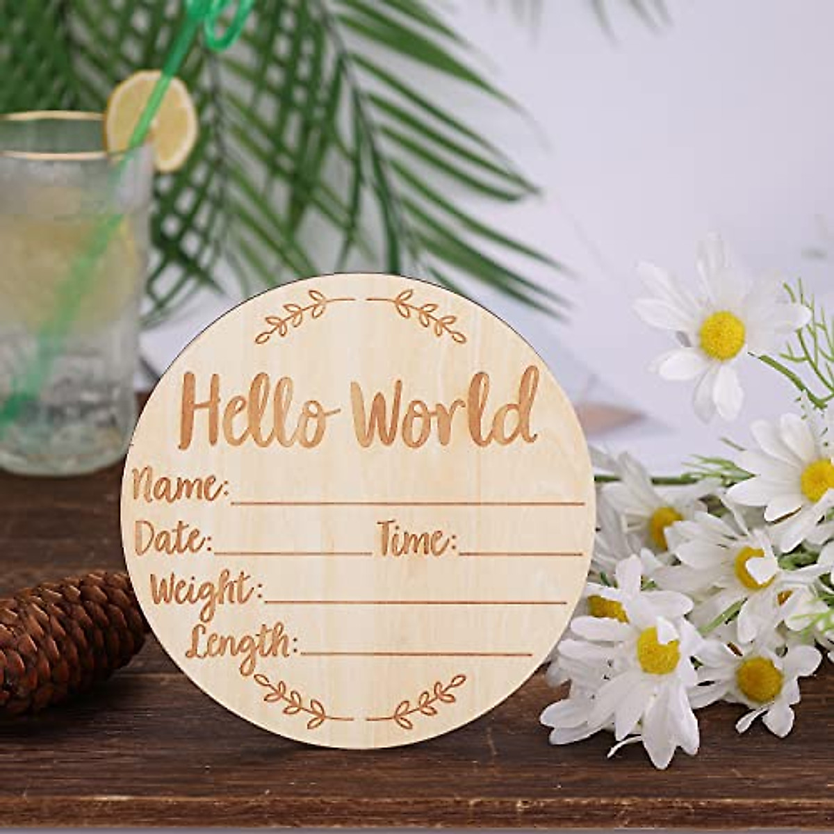 Wooden Baby Announcement Sign, 5.9 Inch Round New Baby Sign Hello World Newborn Welcome Sign for Hospital Photo Prop Baby Shower New Parents (Style 2)
