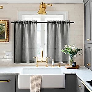 Dark Gray Curtains 24 Inch Length for Mini Kitchen Travel Half Window ,Small Short Rustic Light Filtering Linen Blend Grey Semi Sheer Curtains for Bathroom Basement Sitting Room RV Loft 2 Panels Set